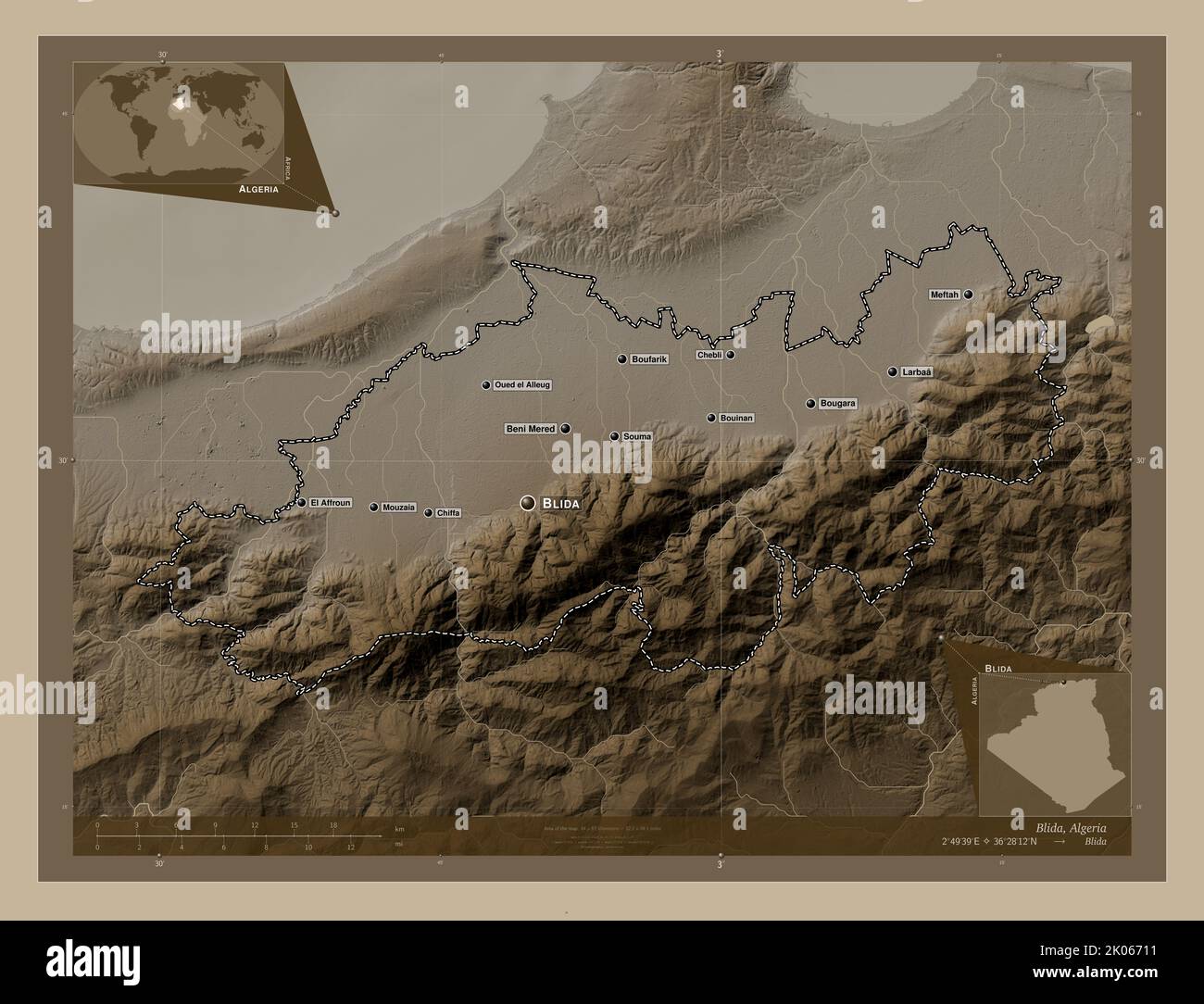 Blida, province of Algeria. Elevation map colored in sepia tones with ...