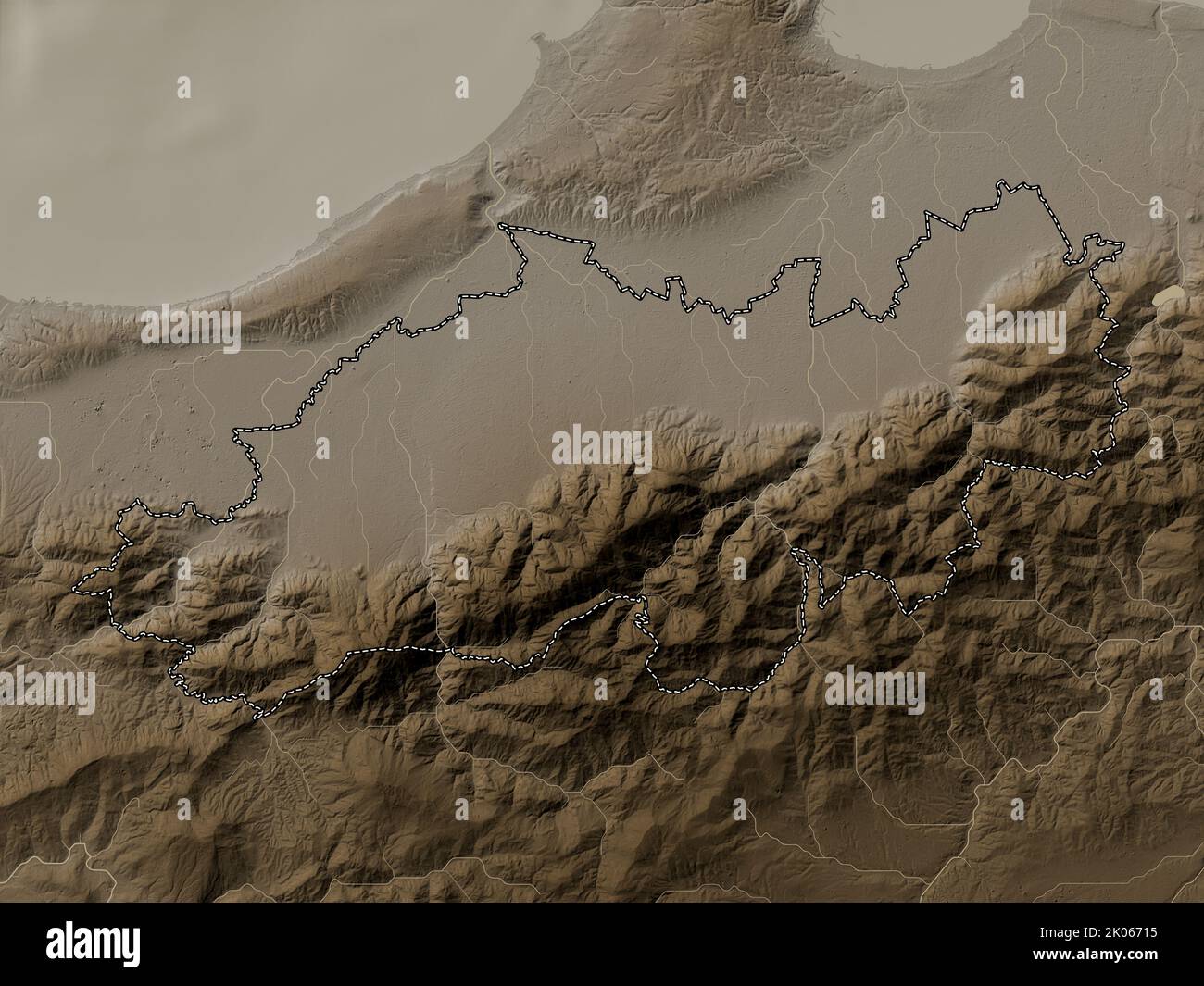 Blida, province of Algeria. Elevation map colored in sepia tones with ...