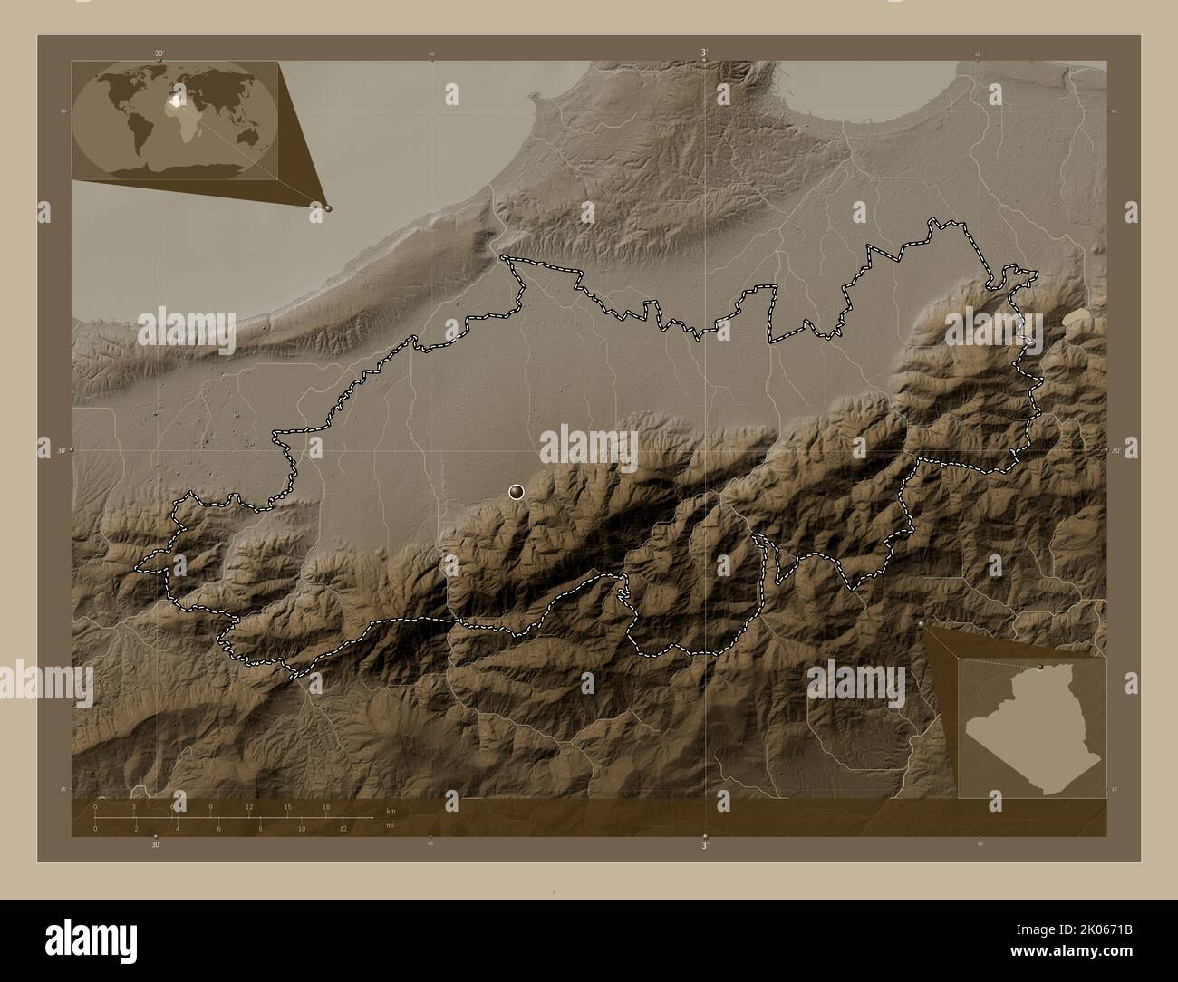 Blida, province of Algeria. Elevation map colored in sepia tones with ...
