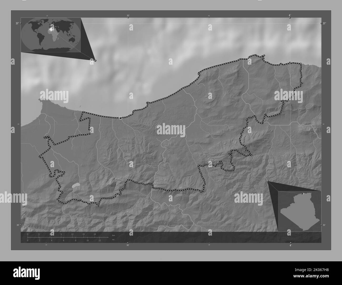 Boumerdes, province of Algeria. Bilevel elevation map with lakes and ...