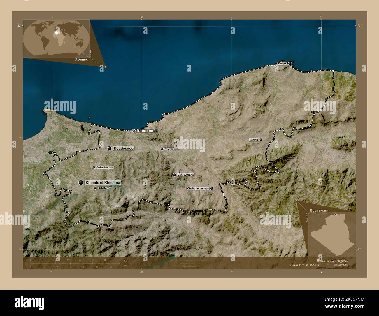 Boumerdes, province of Algeria. Low resolution satellite map. Locations and names of major ...