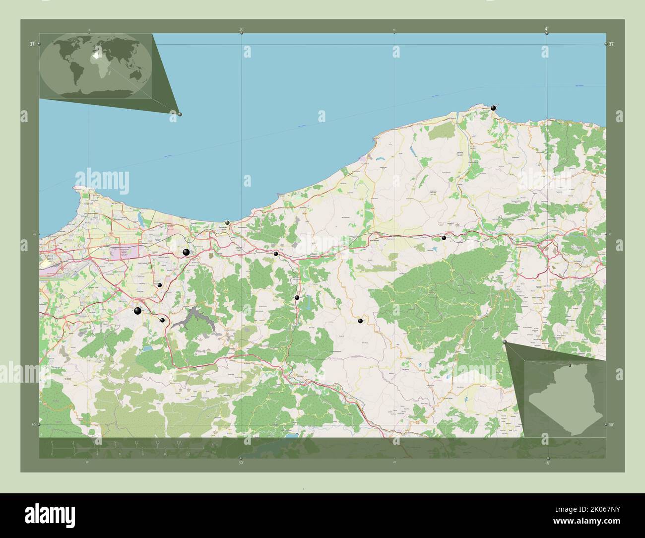 Boumerdes, province of Algeria. Open Street Map. Locations of major ...