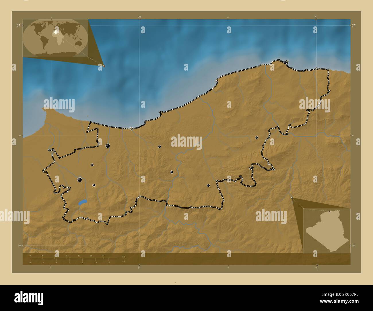 Boumerdes, province of Algeria. Colored elevation map with lakes and ...