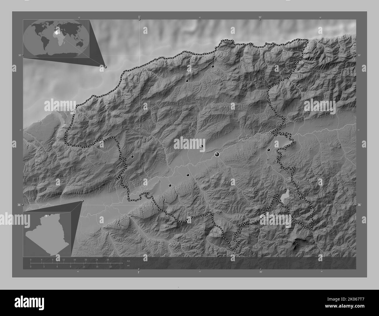 Chlef, province of Algeria. Grayscale elevation map with lakes and ...