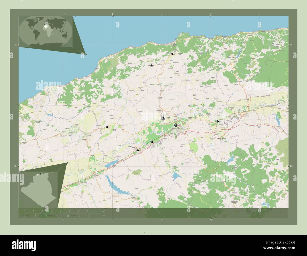 Chlef, province of Algeria. Open Street Map. Locations of major cities ...