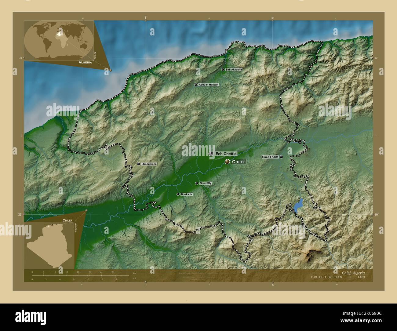 Chlef, province of Algeria. Colored elevation map with lakes and rivers ...