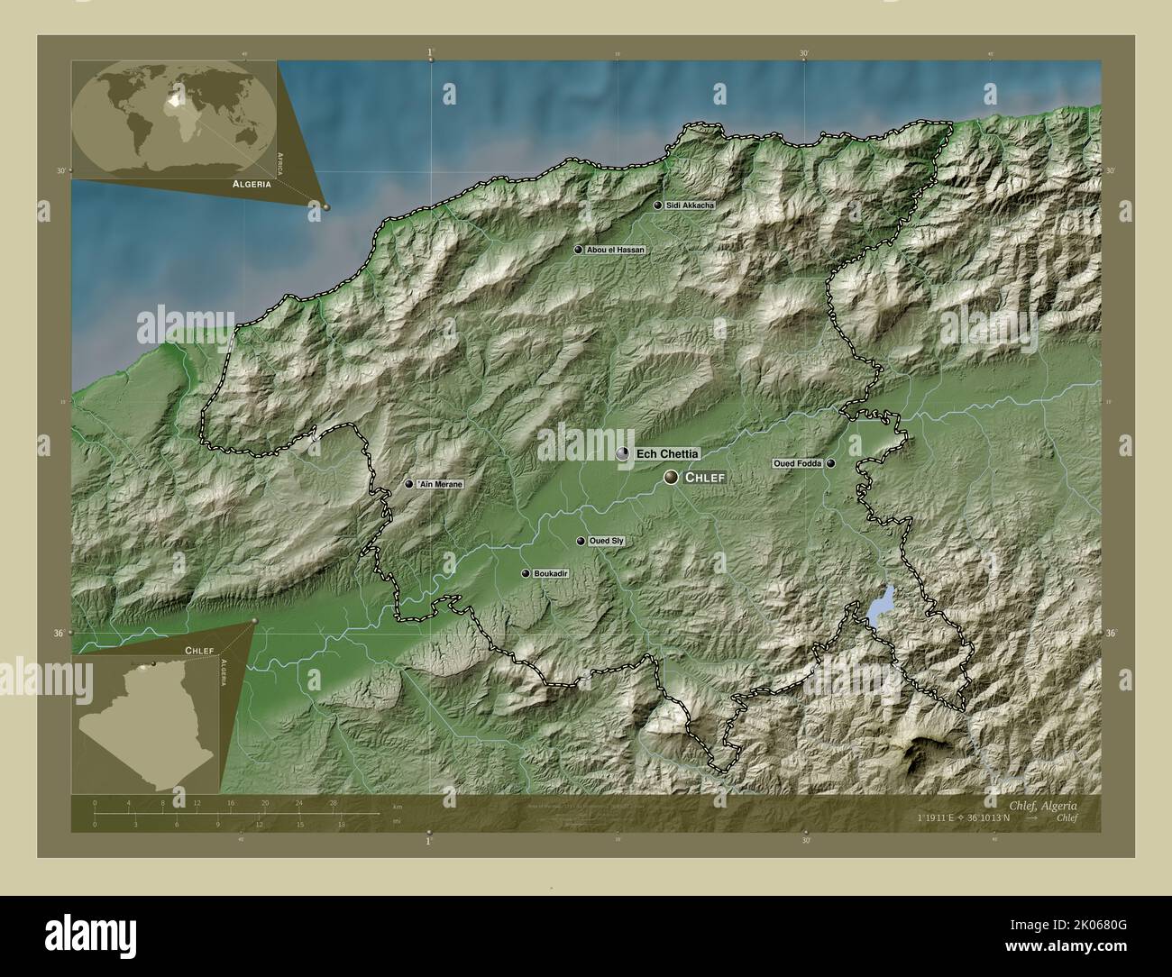 Chlef, province of Algeria. Elevation map colored in wiki style with ...