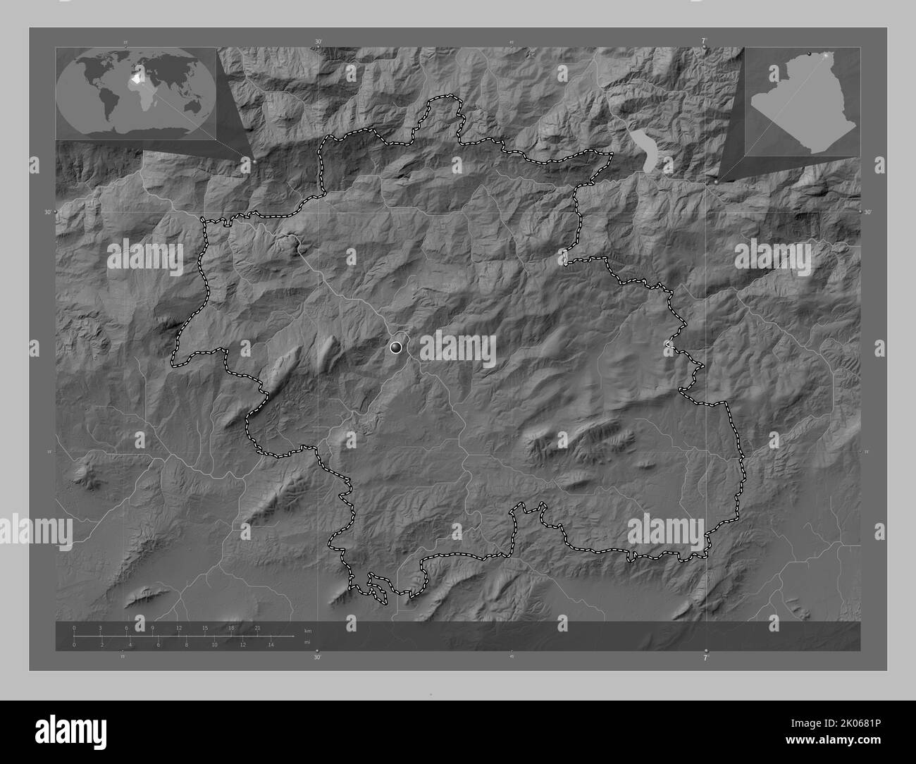 Constantine, province of Algeria. Grayscale elevation map with lakes ...