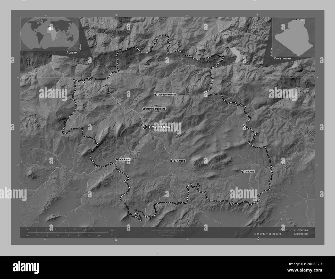 Constantine, province of Algeria. Grayscale elevation map with lakes ...
