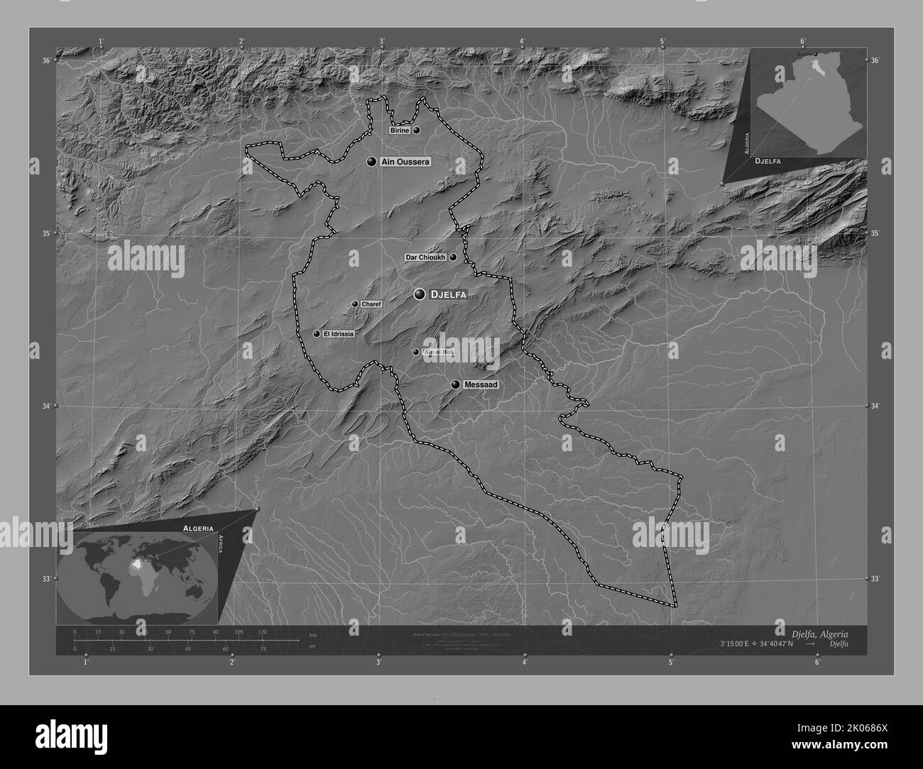 Djelfa, province of Algeria. Bilevel elevation map with lakes and ...