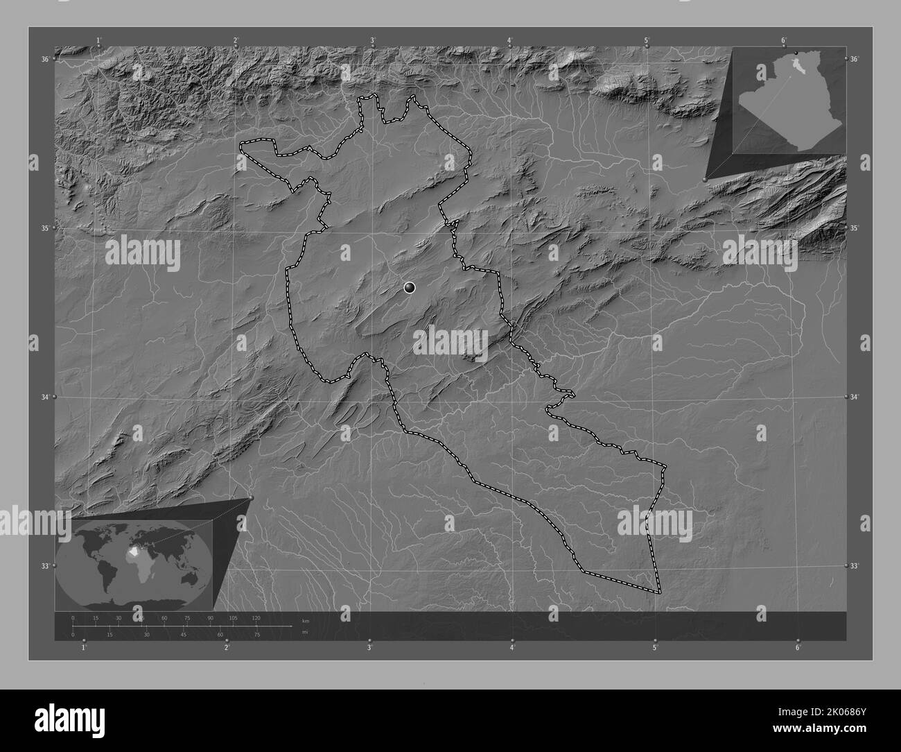 Djelfa, province of Algeria. Bilevel elevation map with lakes and ...