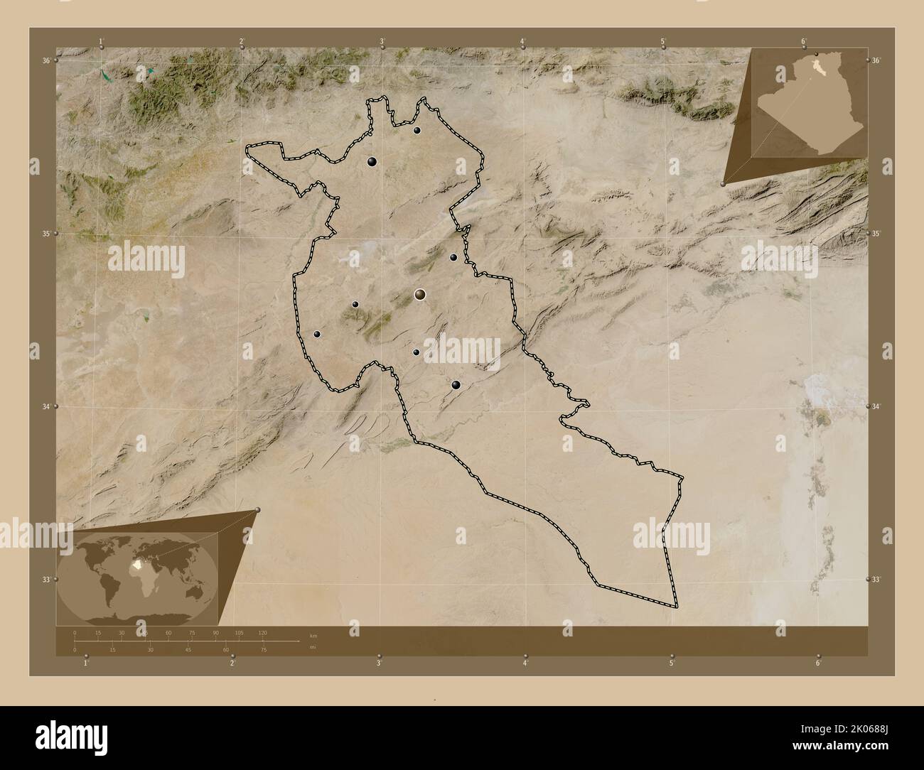 Djelfa, province of Algeria. Low resolution satellite map. Locations of ...