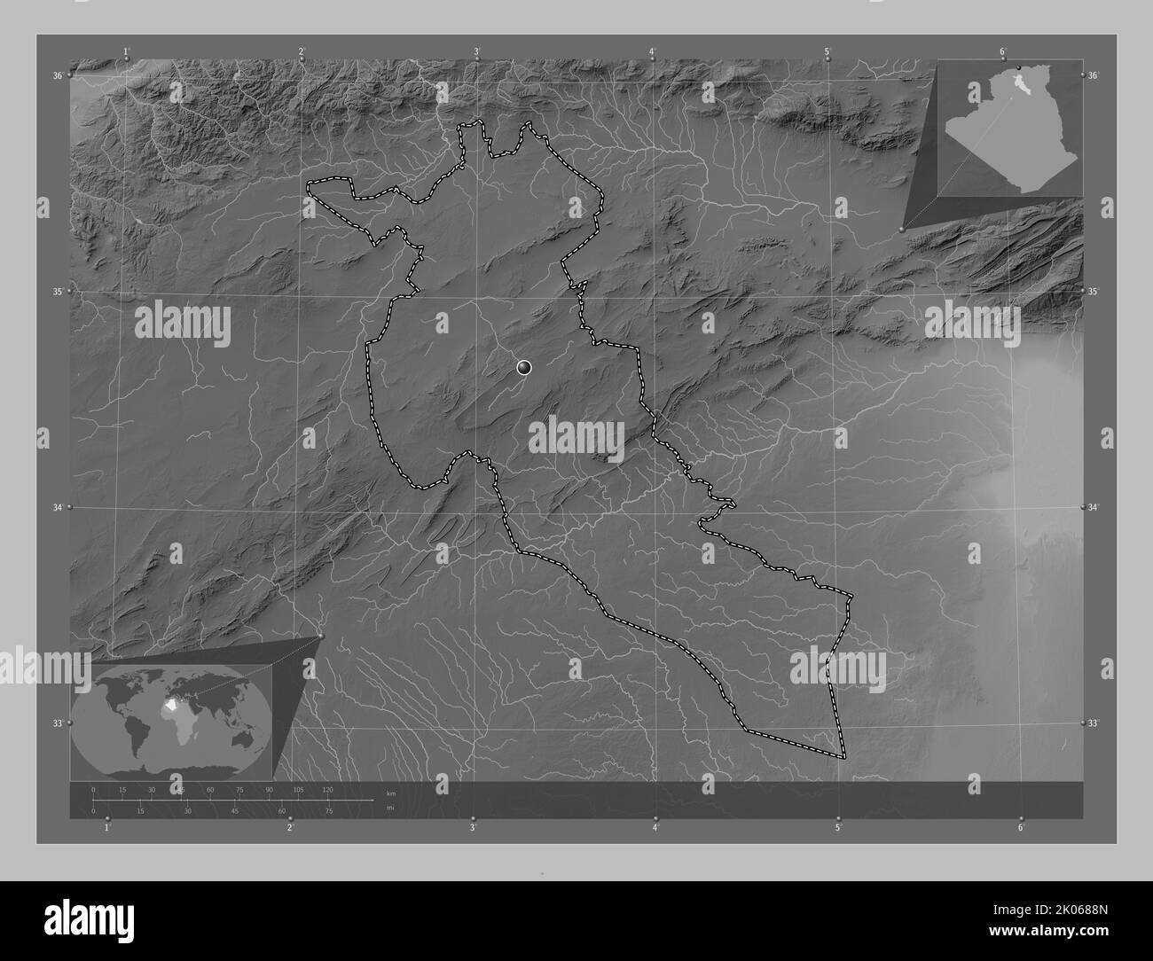 Djelfa, province of Algeria. Grayscale elevation map with lakes and rivers. Corner auxiliary ...