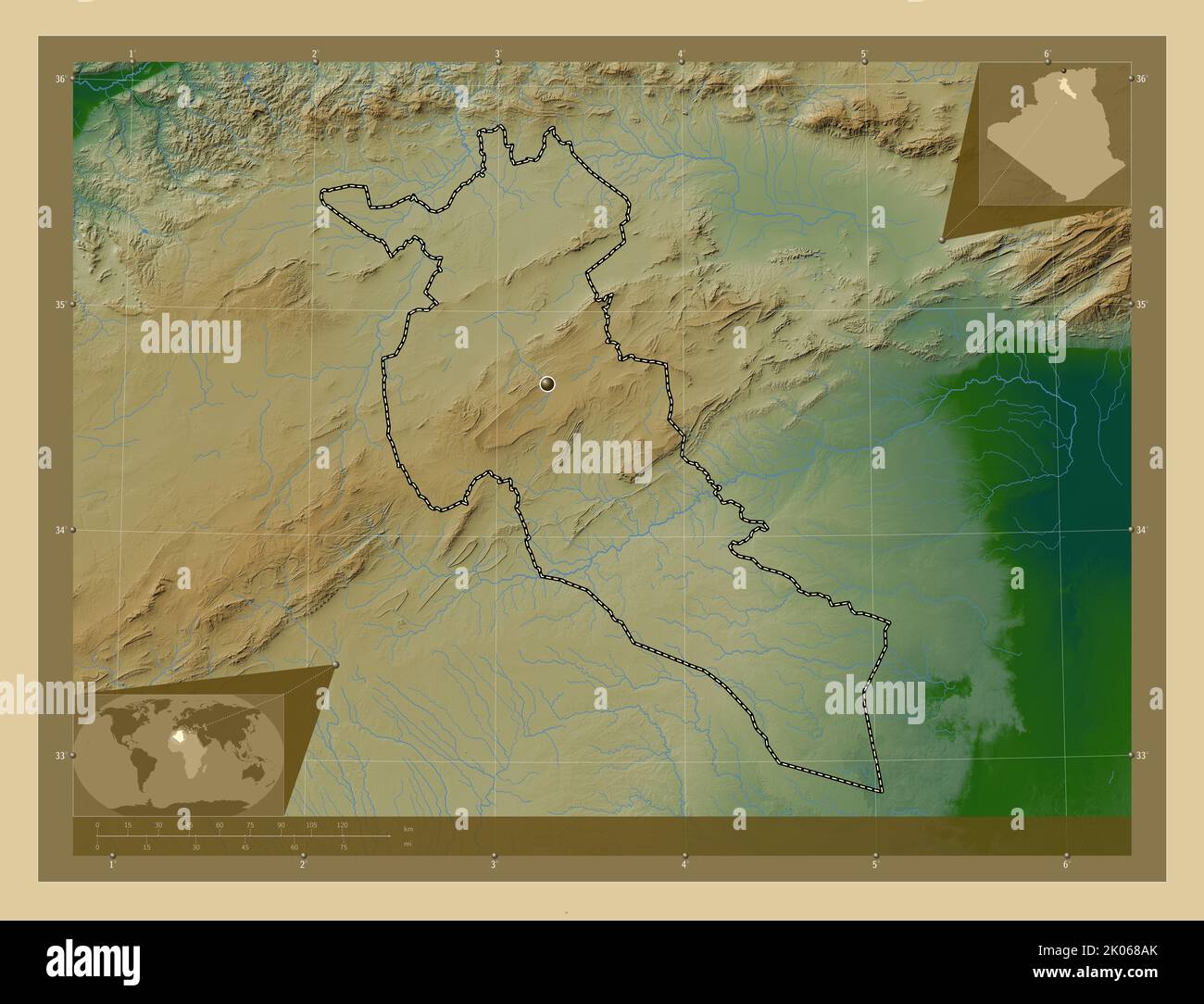 Djelfa, province of Algeria. Colored elevation map with lakes and ...
