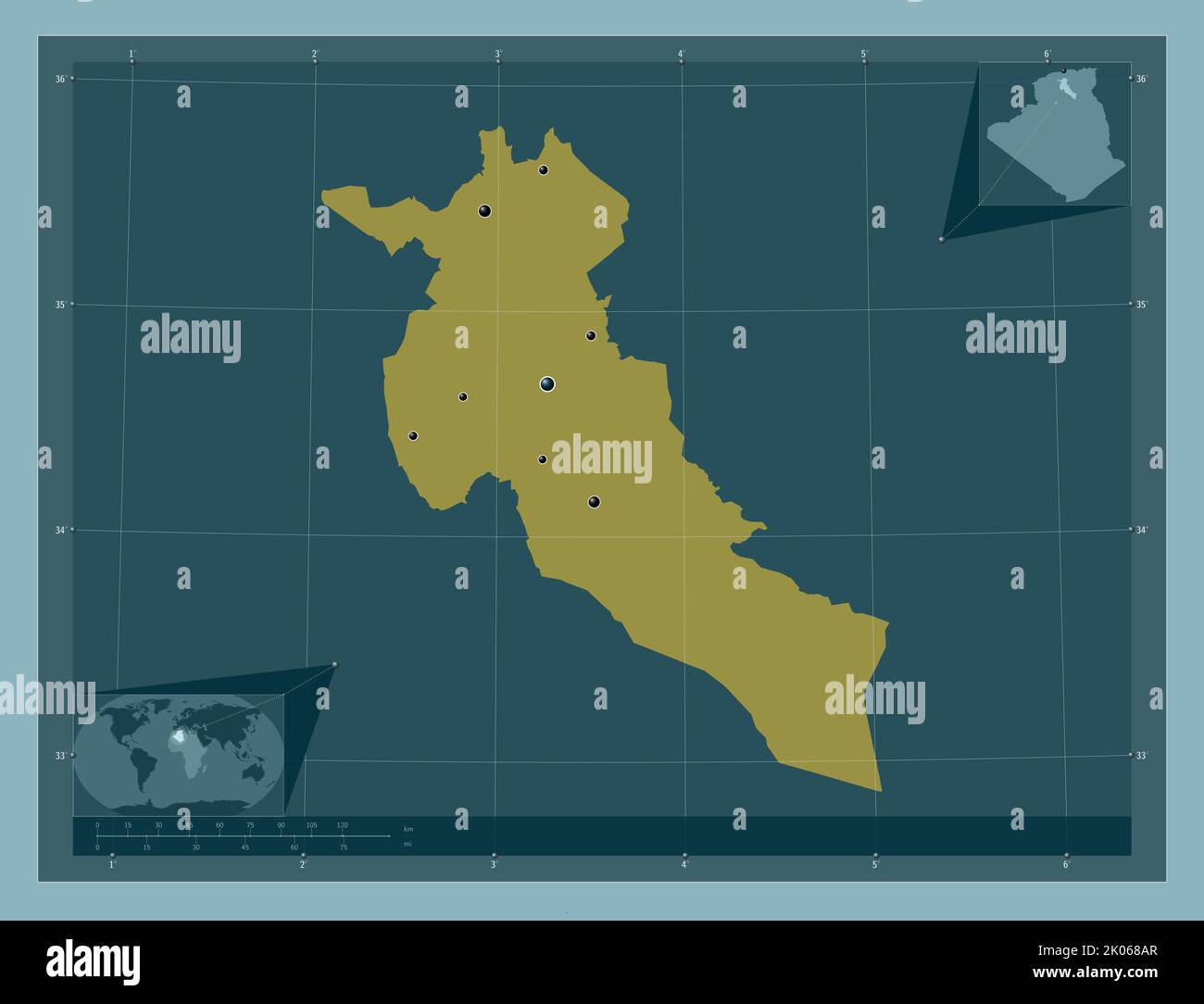 Djelfa, province of Algeria. Solid color shape. Locations of major ...
