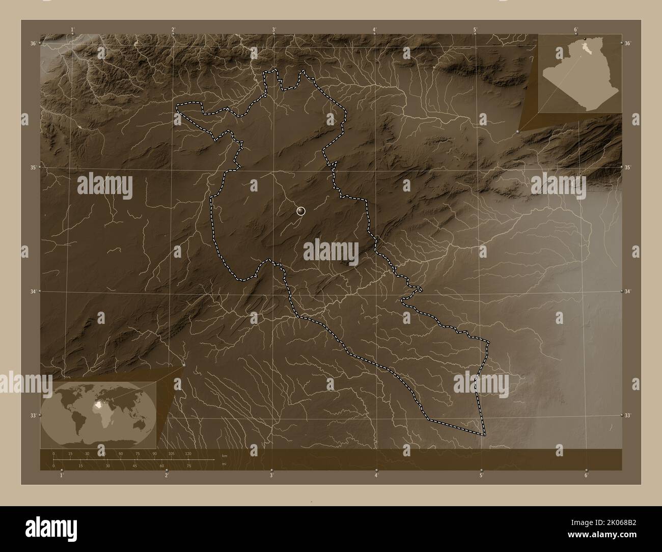 Djelfa, province of Algeria. Elevation map colored in sepia tones with ...