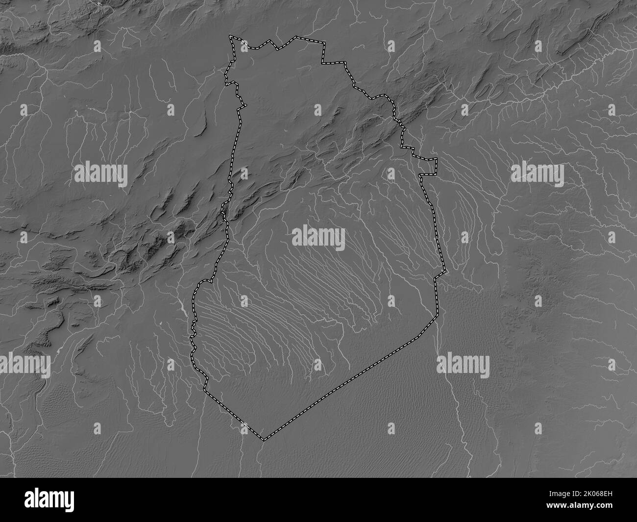 El Bayadh, province of Algeria. Grayscale elevation map with lakes and ...