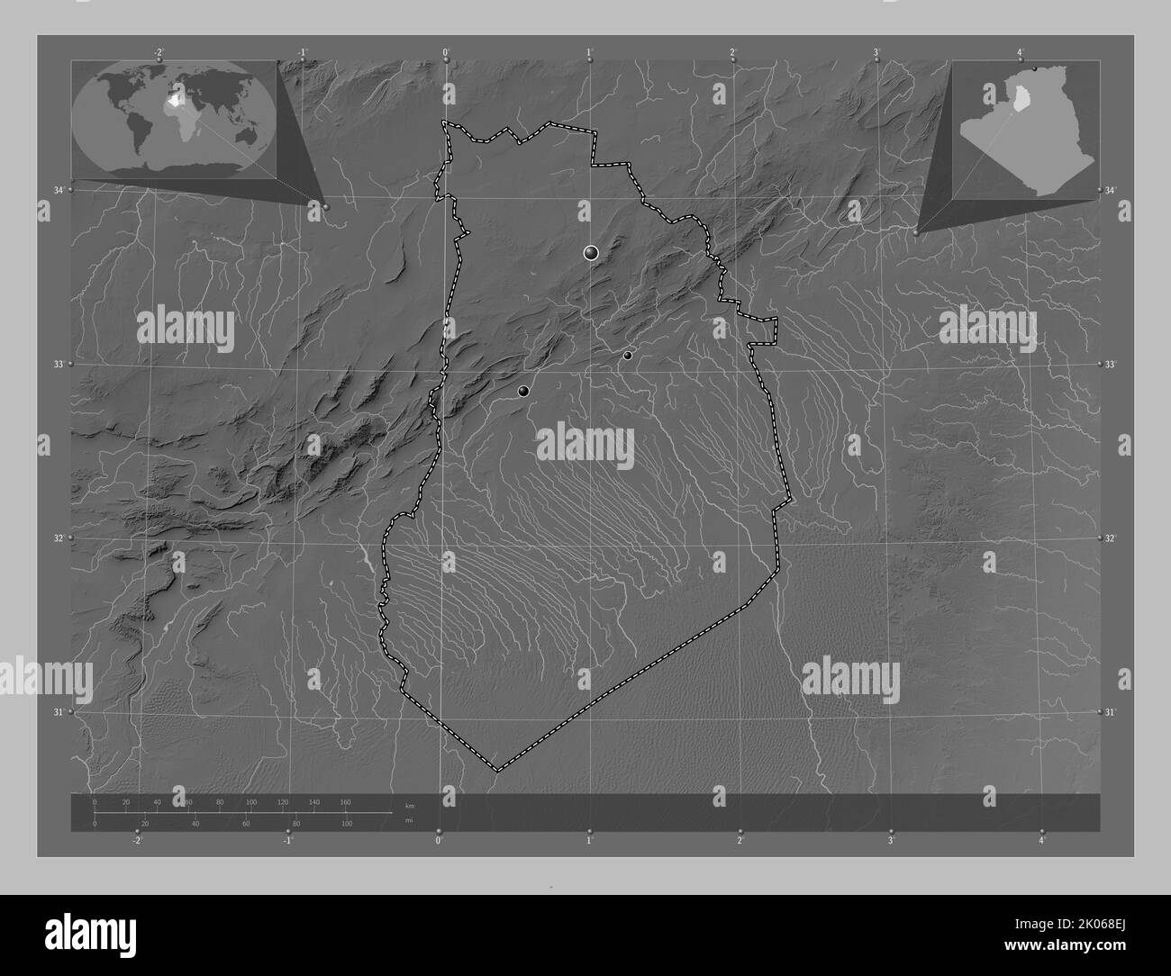 El Bayadh, province of Algeria. Grayscale elevation map with lakes and ...