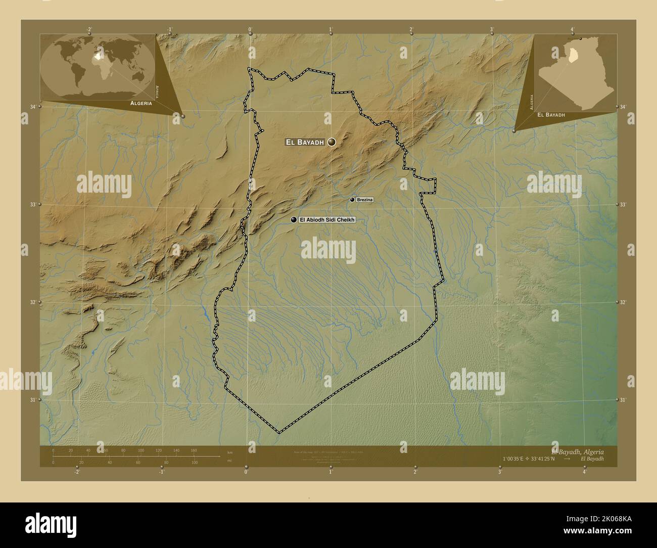 El Bayadh, province of Algeria. Colored elevation map with lakes and ...