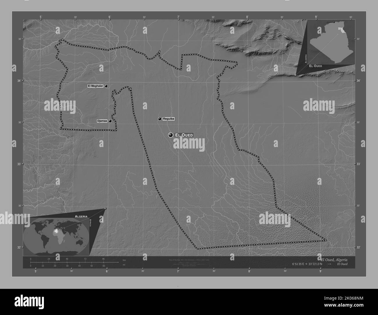 El Oued, province of Algeria. Bilevel elevation map with lakes and ...