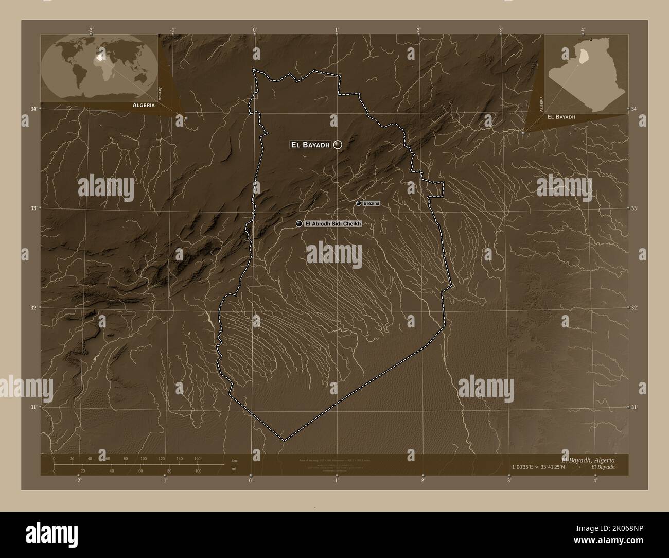 El Bayadh, province of Algeria. Elevation map colored in sepia tones ...