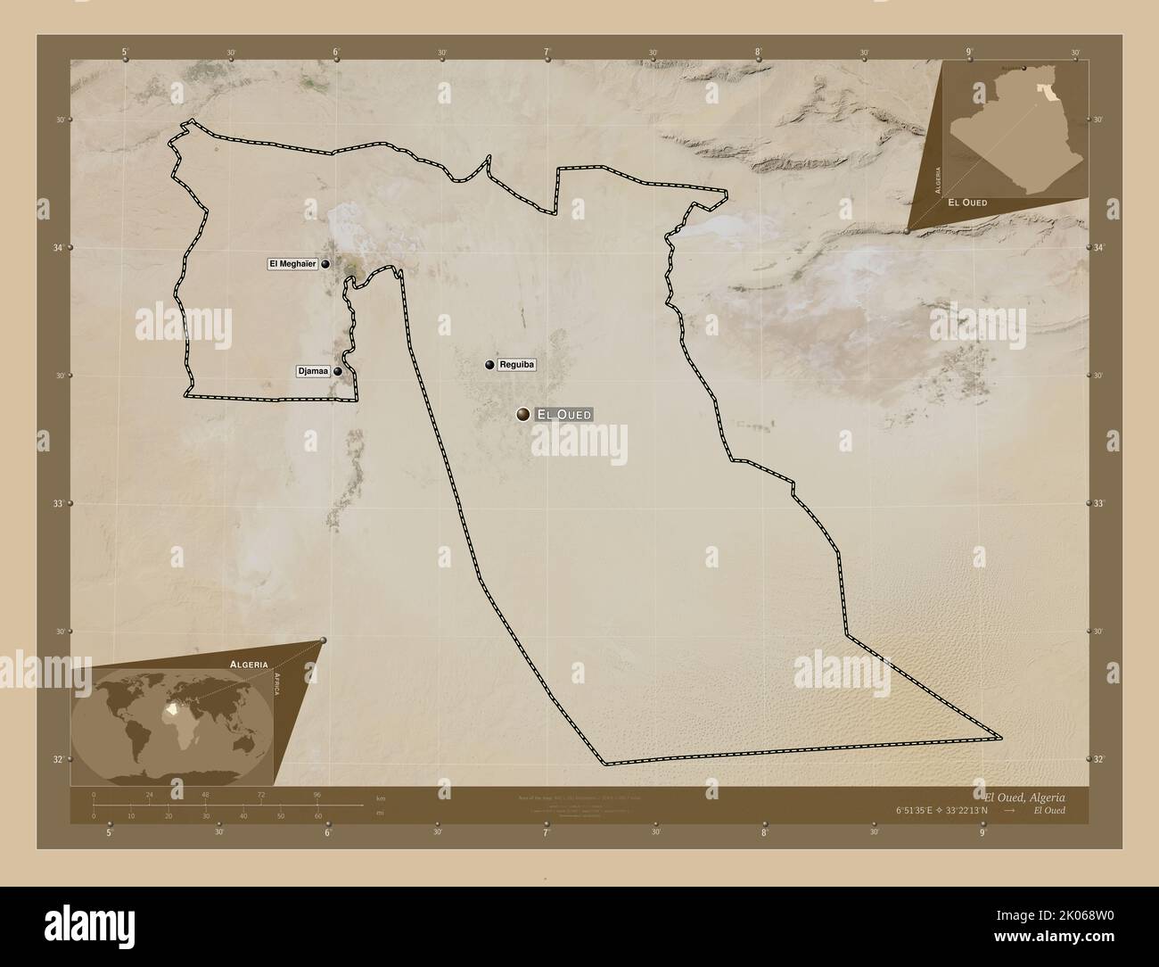 El Oued, province of Algeria. Low resolution satellite map. Locations ...