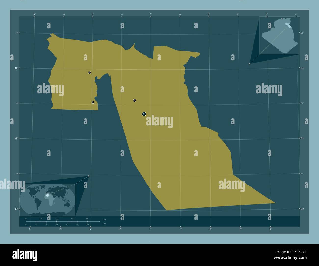 El Oued, province of Algeria. Solid color shape. Locations of major ...