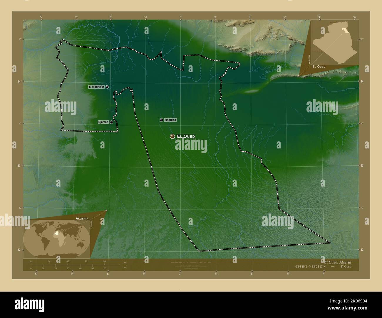 El Oued, province of Algeria. Colored elevation map with lakes and ...