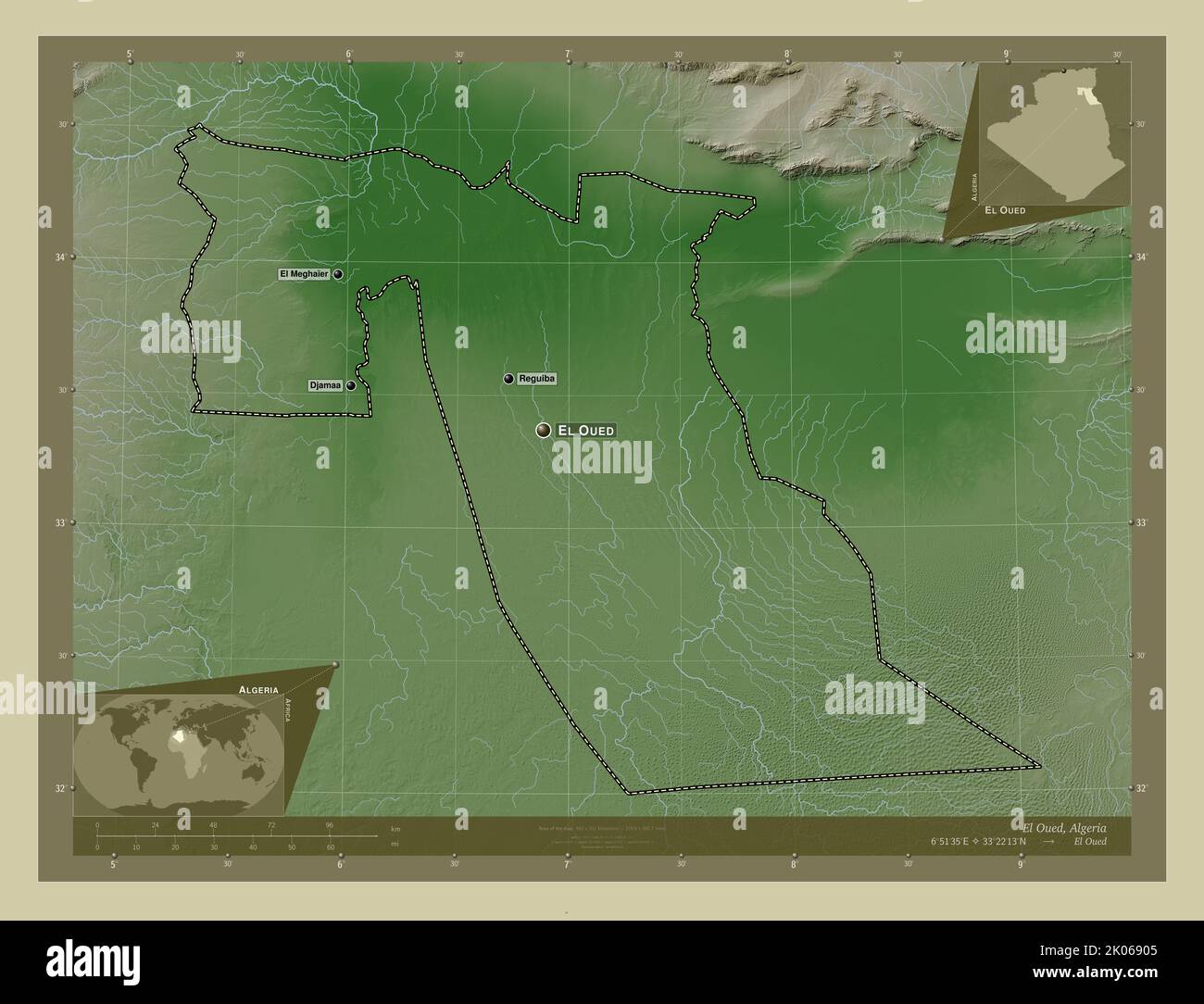 El Oued, province of Algeria. Elevation map colored in wiki style with ...