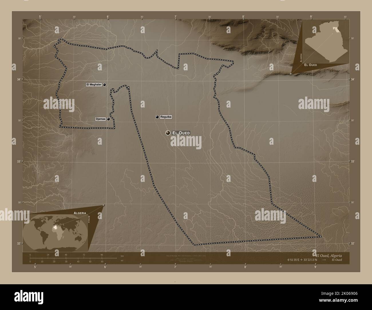 El Oued, province of Algeria. Elevation map colored in sepia tones with ...