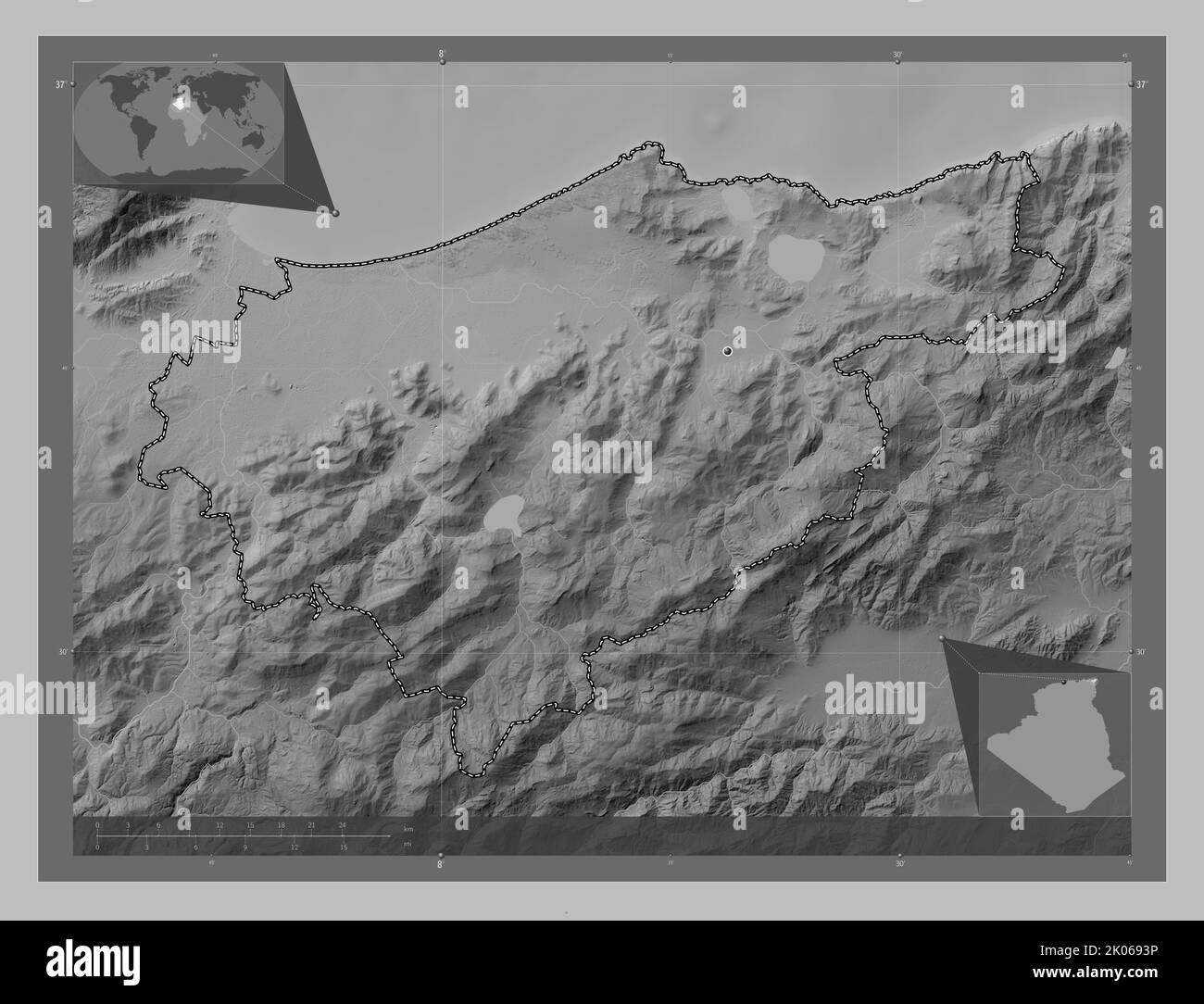El Tarf, province of Algeria. Grayscale elevation map with lakes and ...