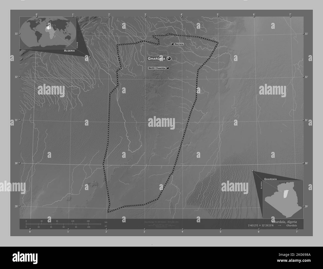 Ghardaia, province of Algeria. Grayscale elevation map with lakes and ...