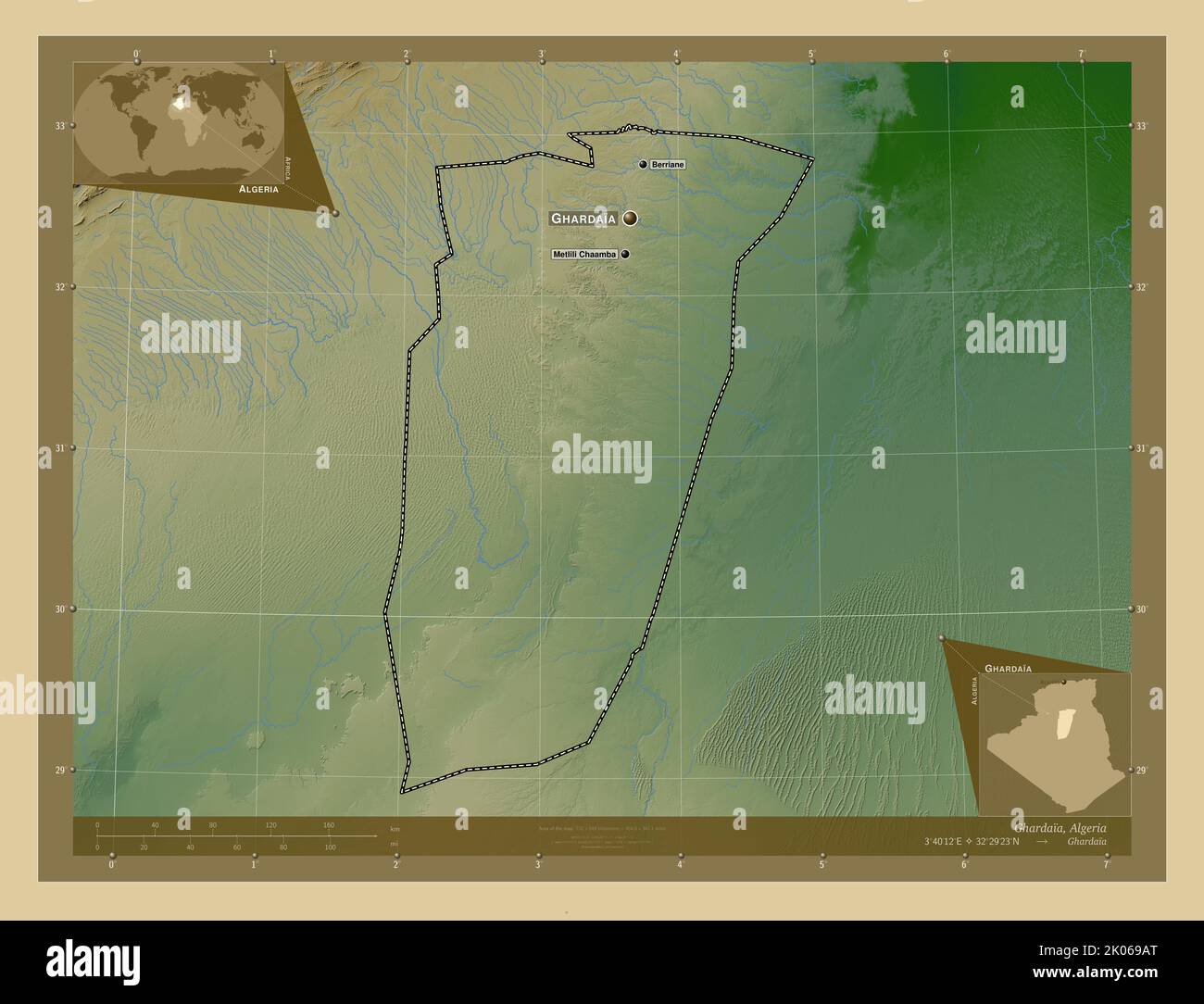 Ghardaia, province of Algeria. Colored elevation map with lakes and ...