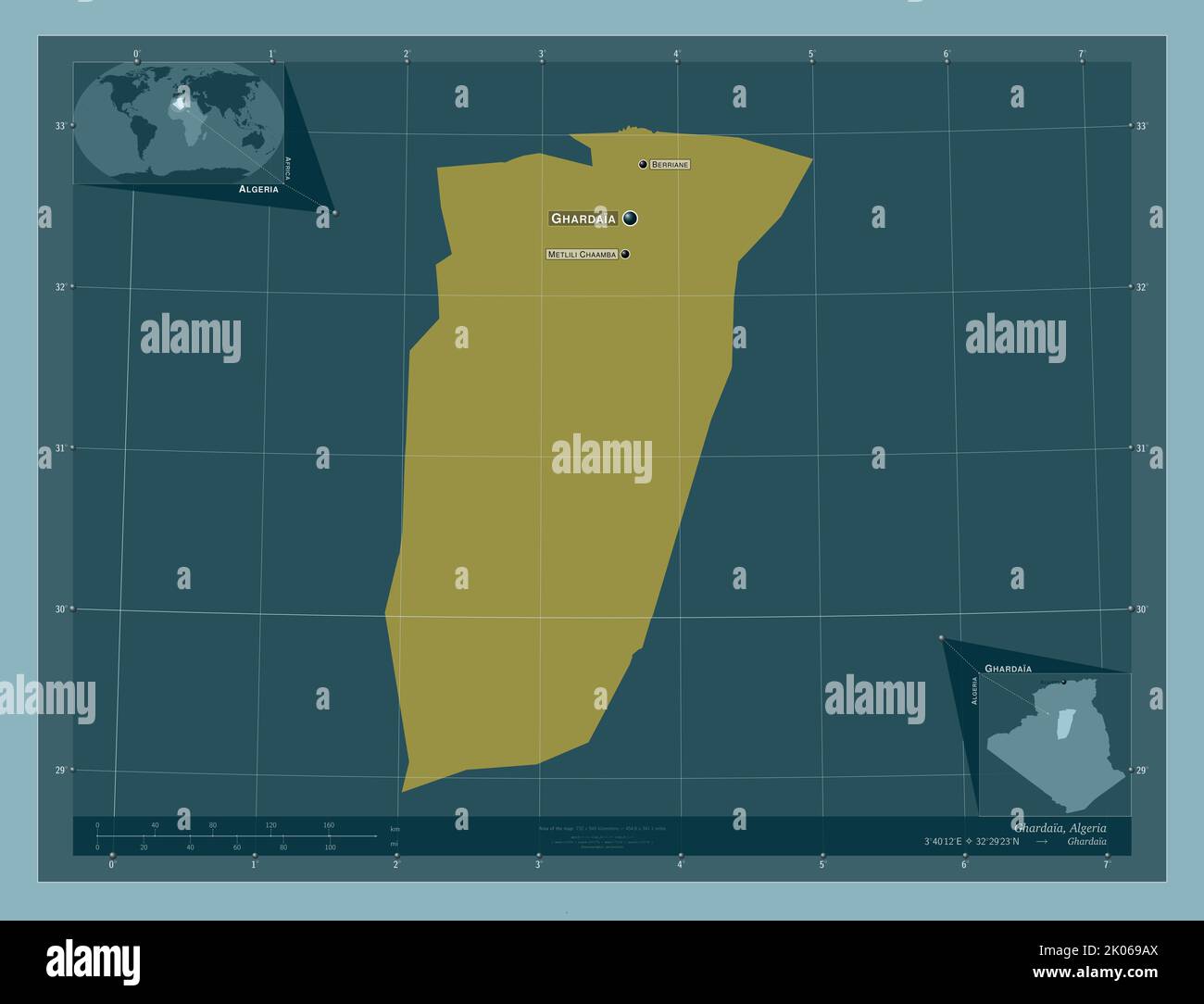 Ghardaia, province of Algeria. Solid color shape. Locations and names ...