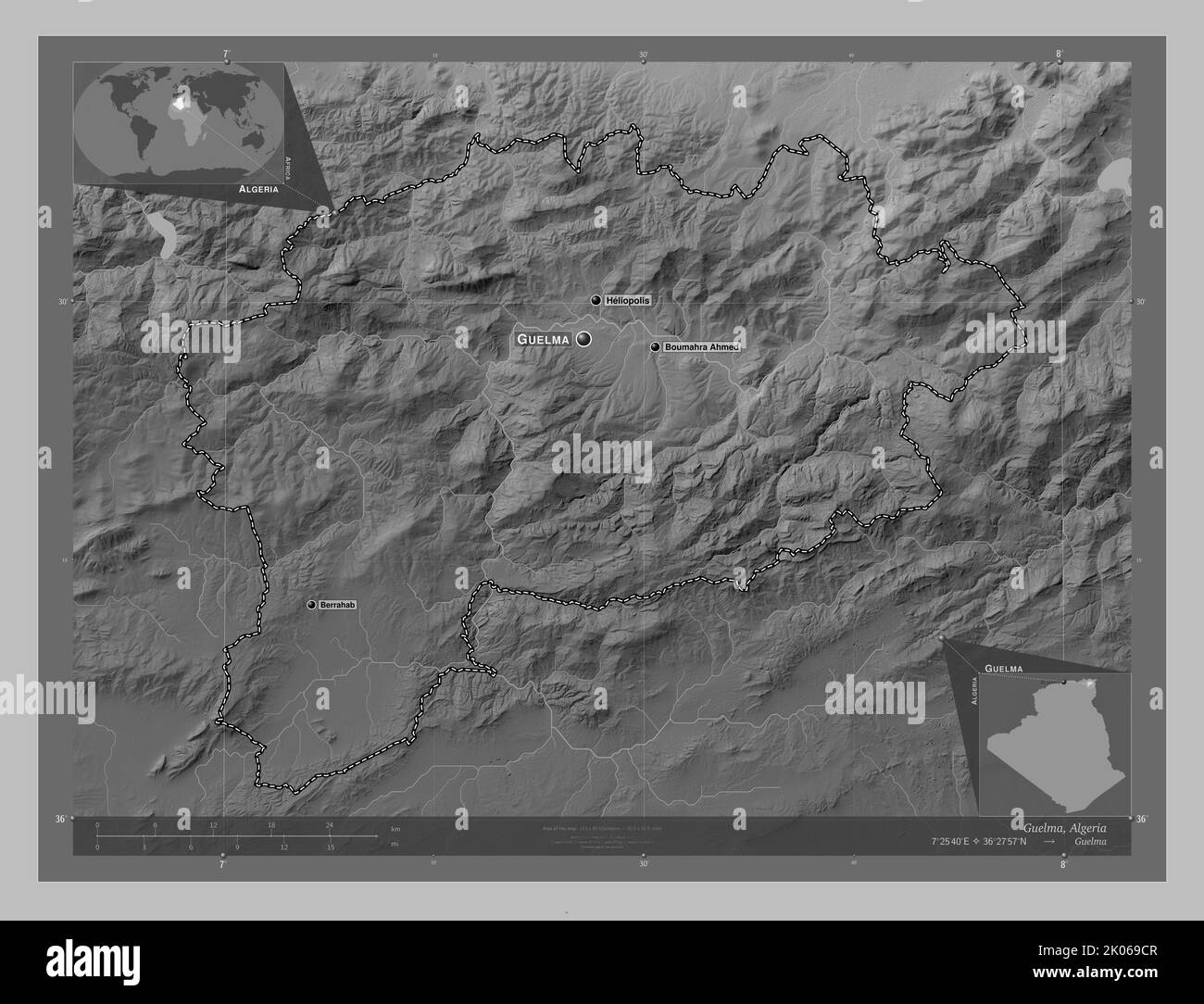 Guelma, province of Algeria. Grayscale elevation map with lakes and ...