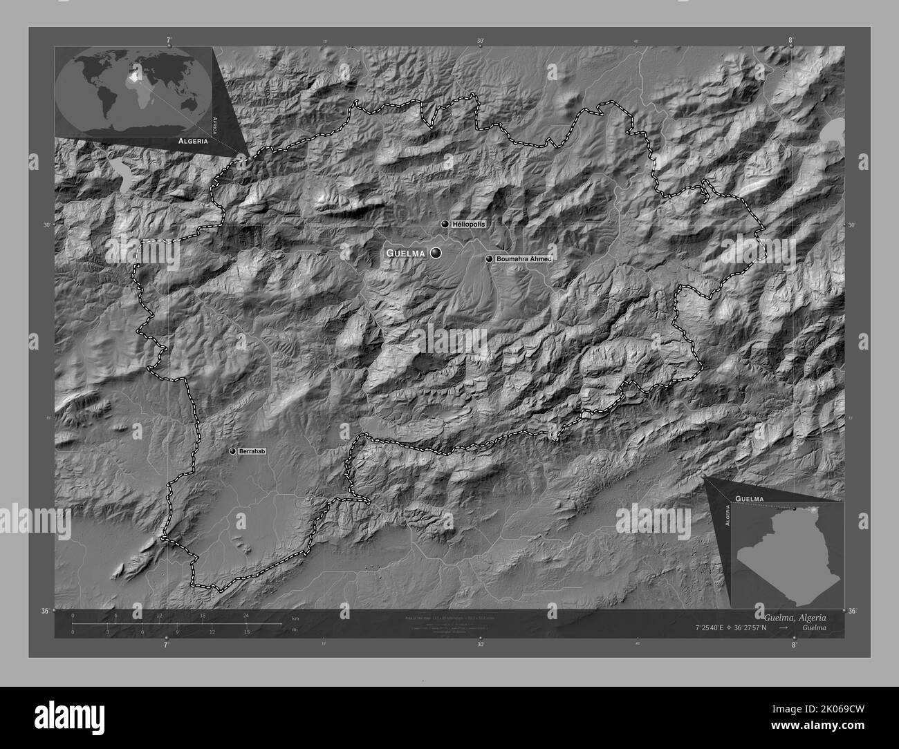 Guelma, province of Algeria. Bilevel elevation map with lakes and ...