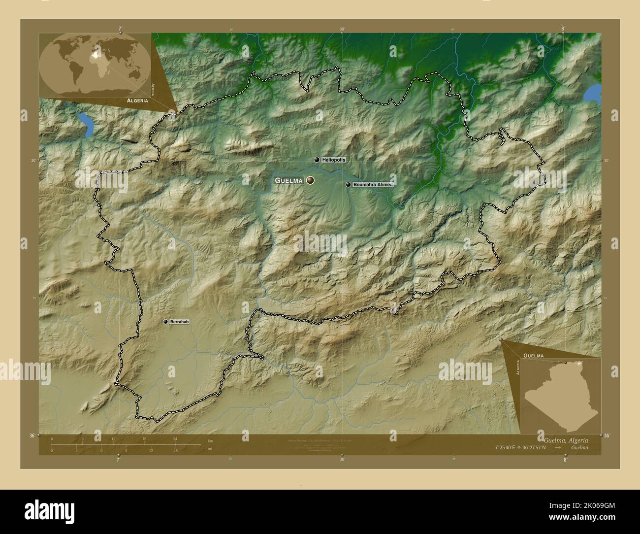 Guelma, province of Algeria. Colored elevation map with lakes and ...