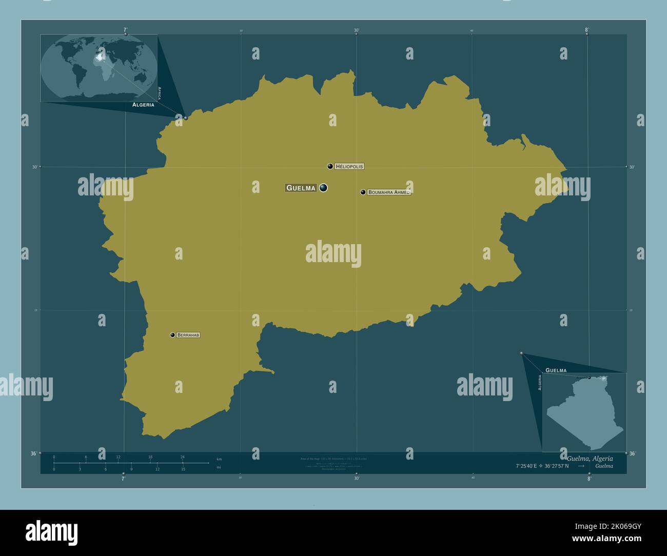 Guelma, province of Algeria. Solid color shape. Locations and names of ...