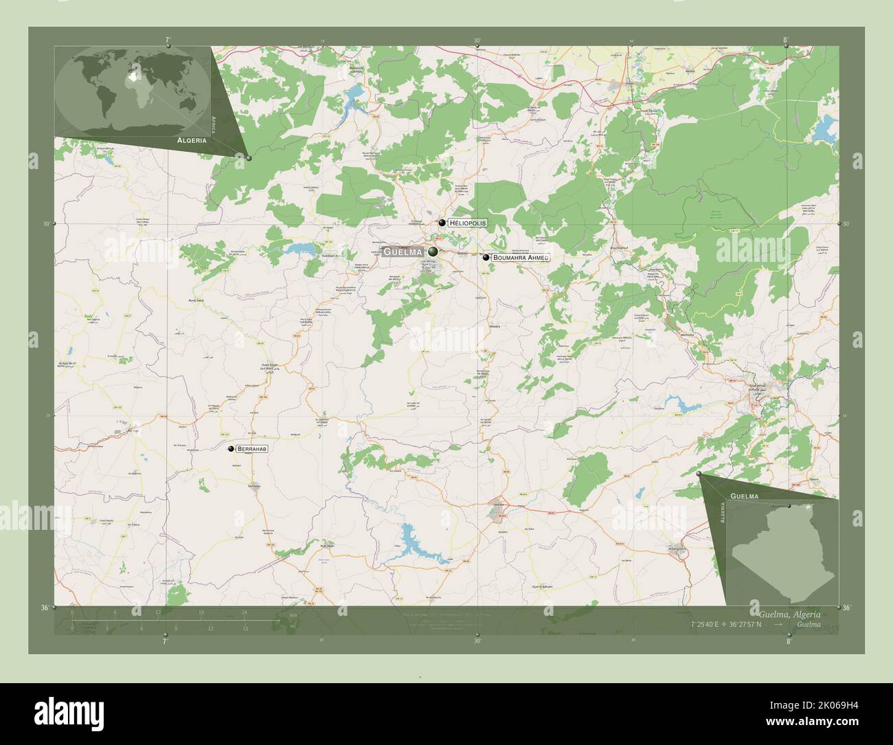 Guelma, province of Algeria. Open Street Map. Locations and names of major cities of the region ...