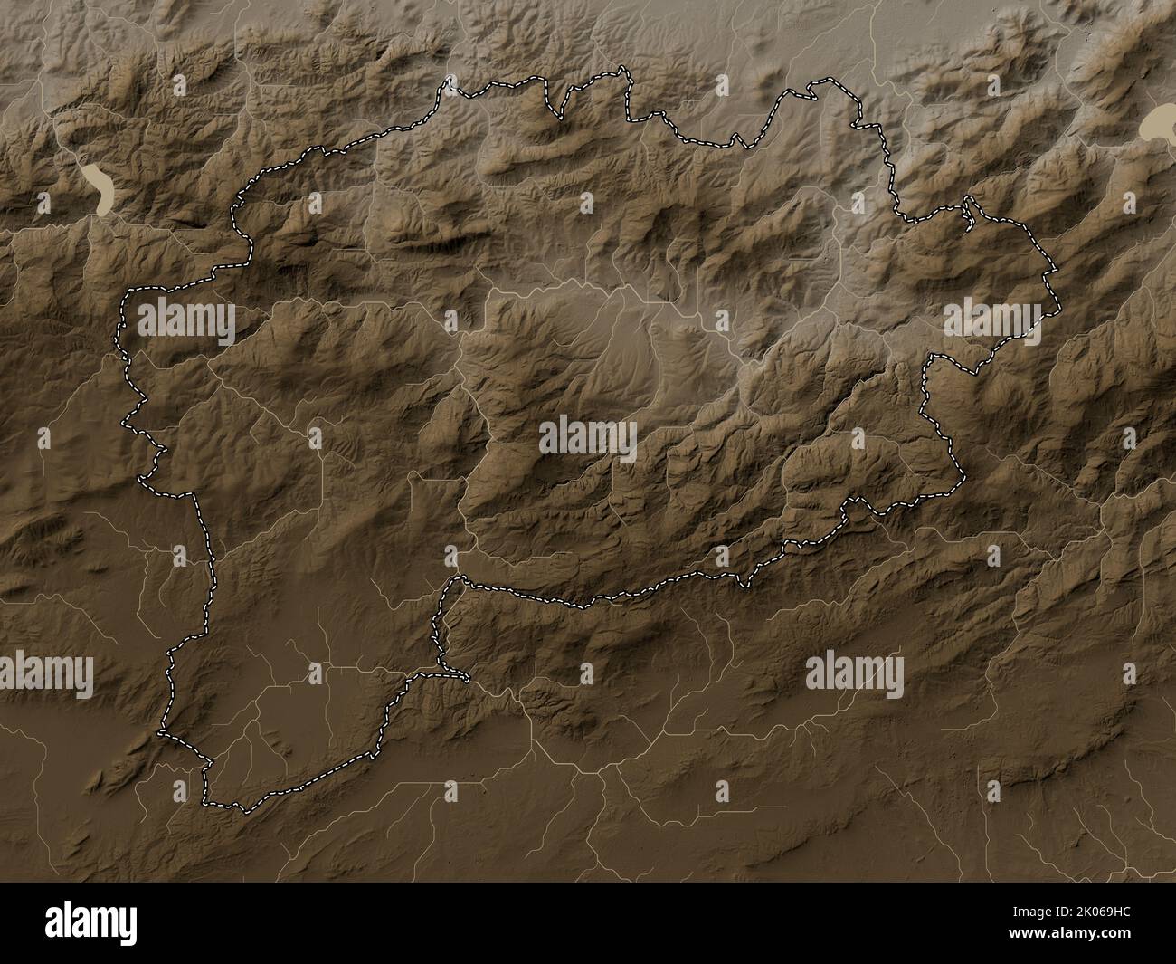 Guelma, province of Algeria. Elevation map colored in sepia tones with ...