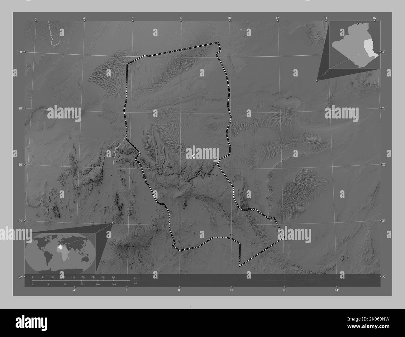 Illizi, province of Algeria. Grayscale elevation map with lakes and ...