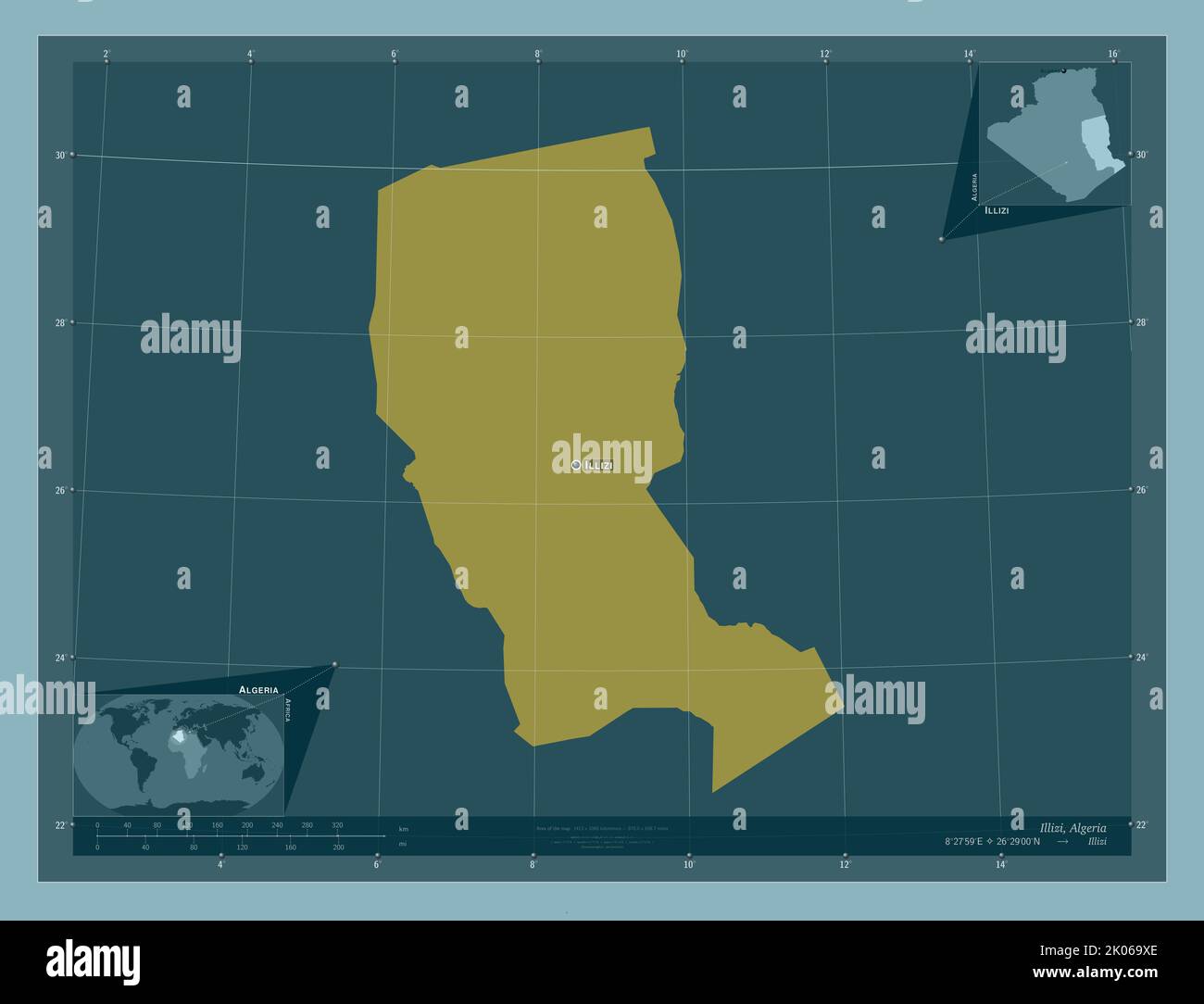 Illizi, province of Algeria. Solid color shape. Locations and names of ...