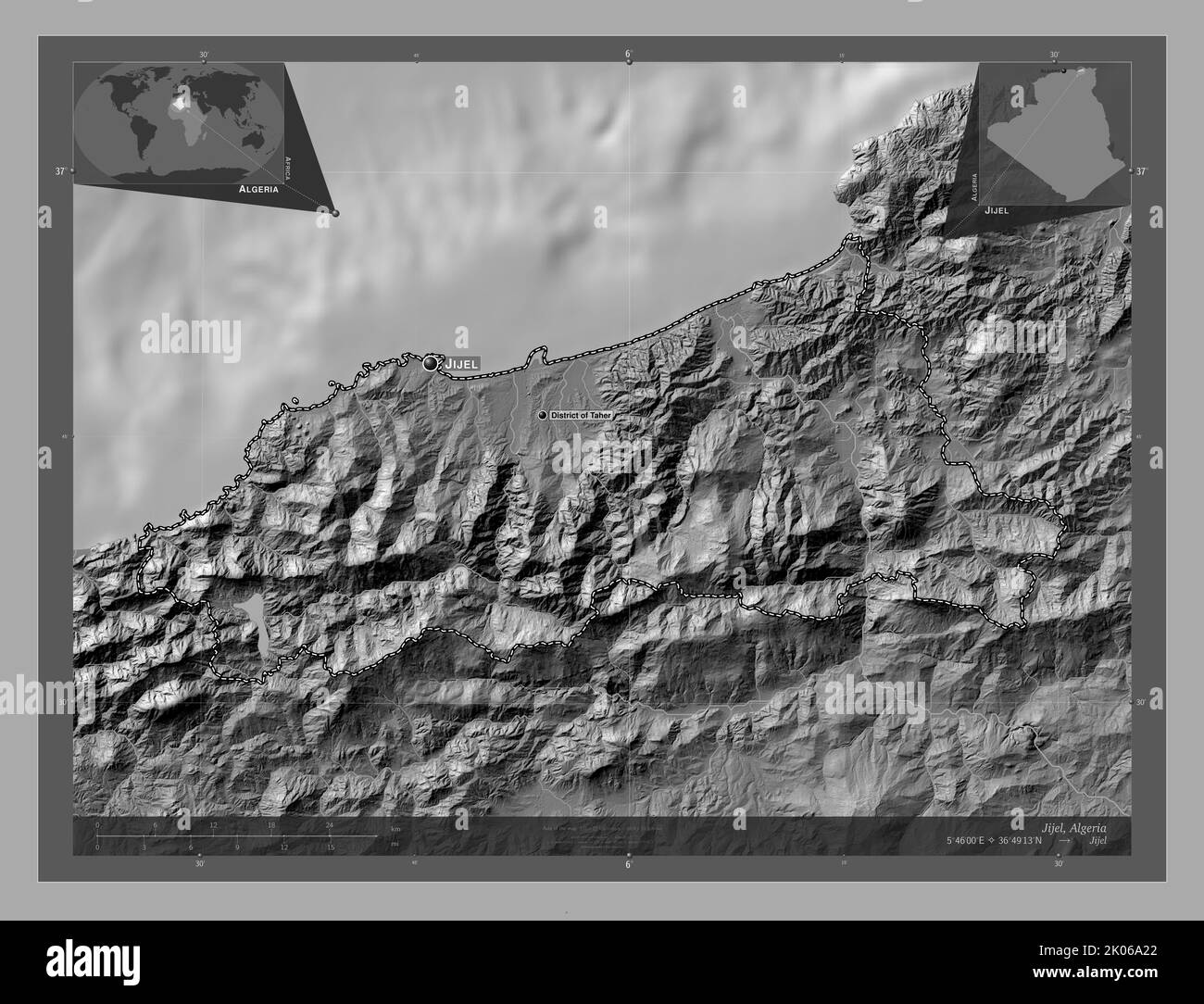 Jijel, province of Algeria. Bilevel elevation map with lakes and rivers ...