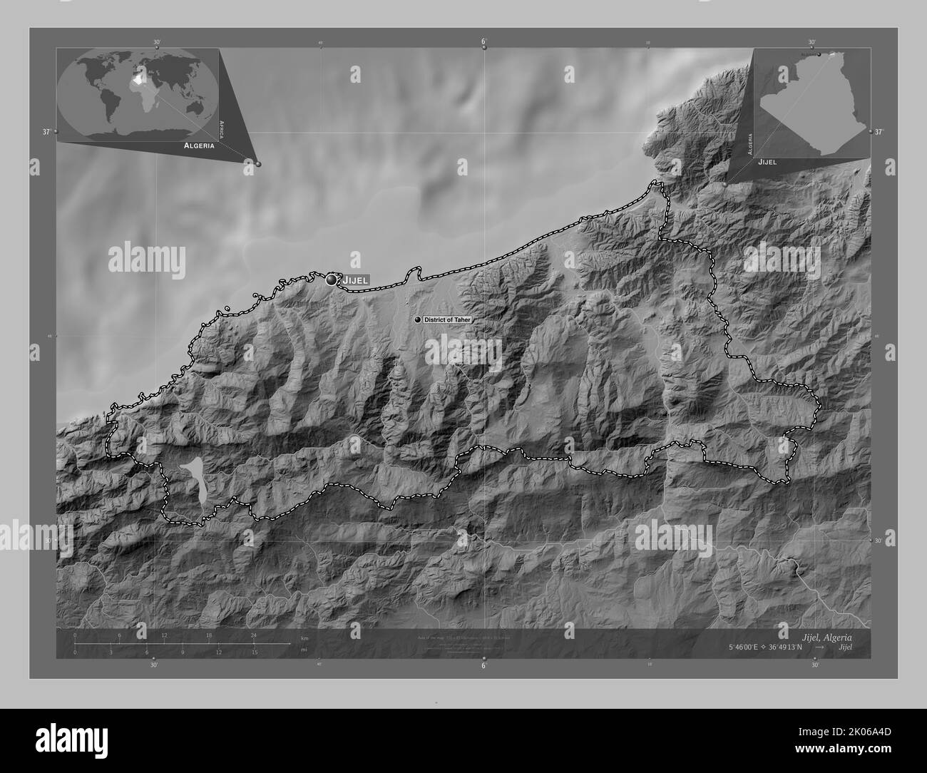 Jijel, province of Algeria. Grayscale elevation map with lakes and ...