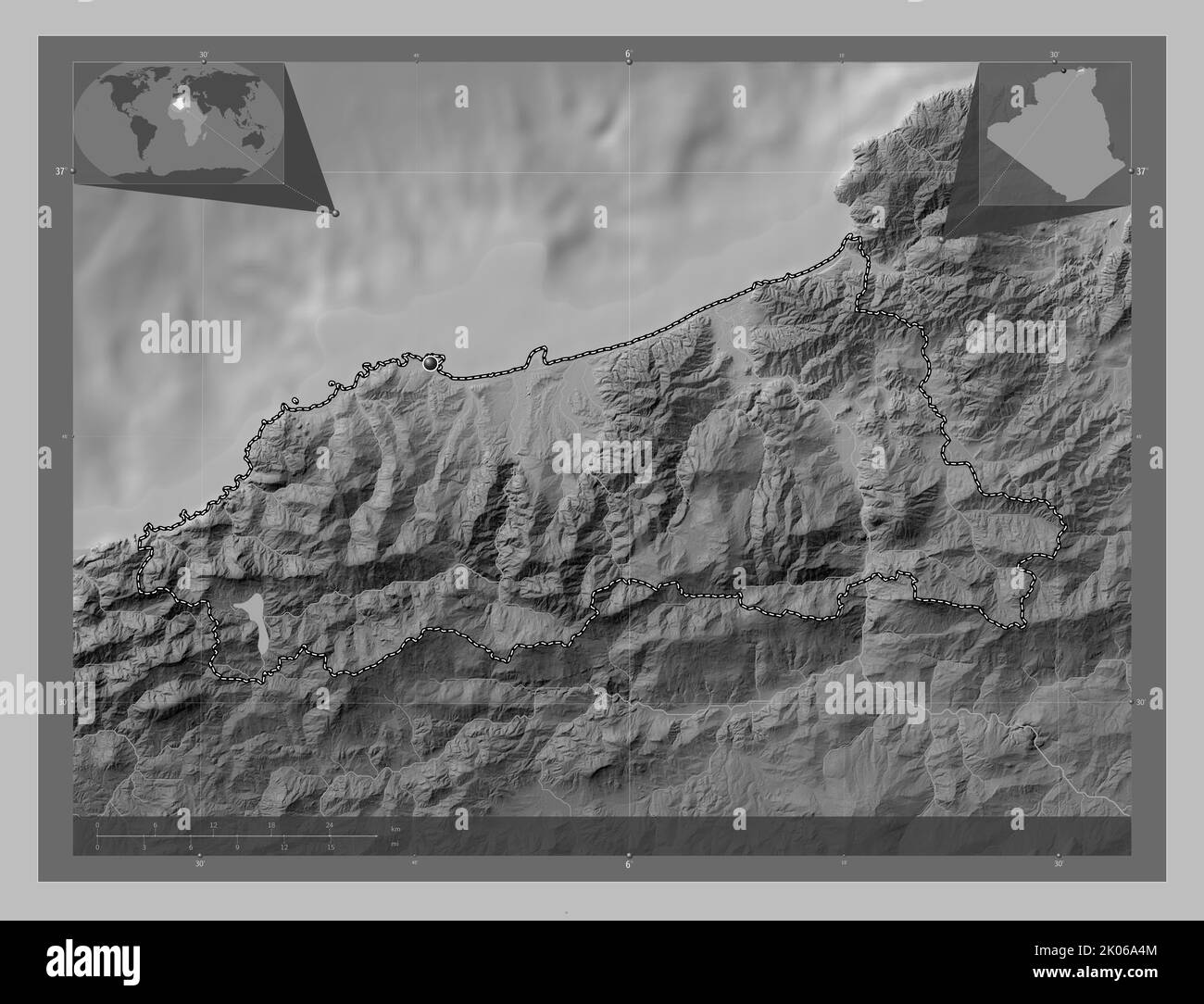 Jijel, province of Algeria. Grayscale elevation map with lakes and ...