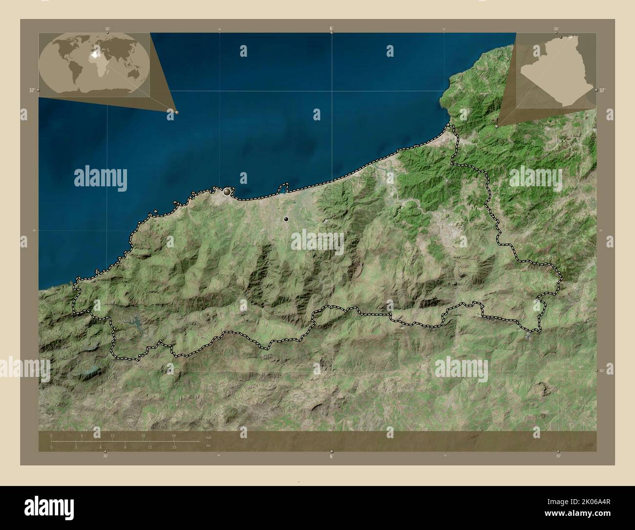 Jijel, province of Algeria. High resolution satellite map. Locations of ...