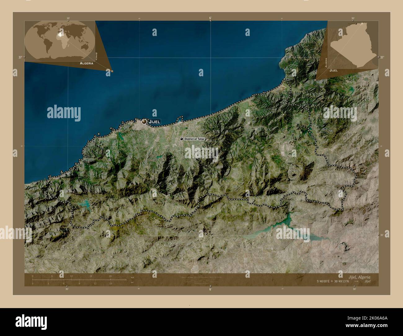 Jijel, province of Algeria. Low resolution satellite map. Locations and ...