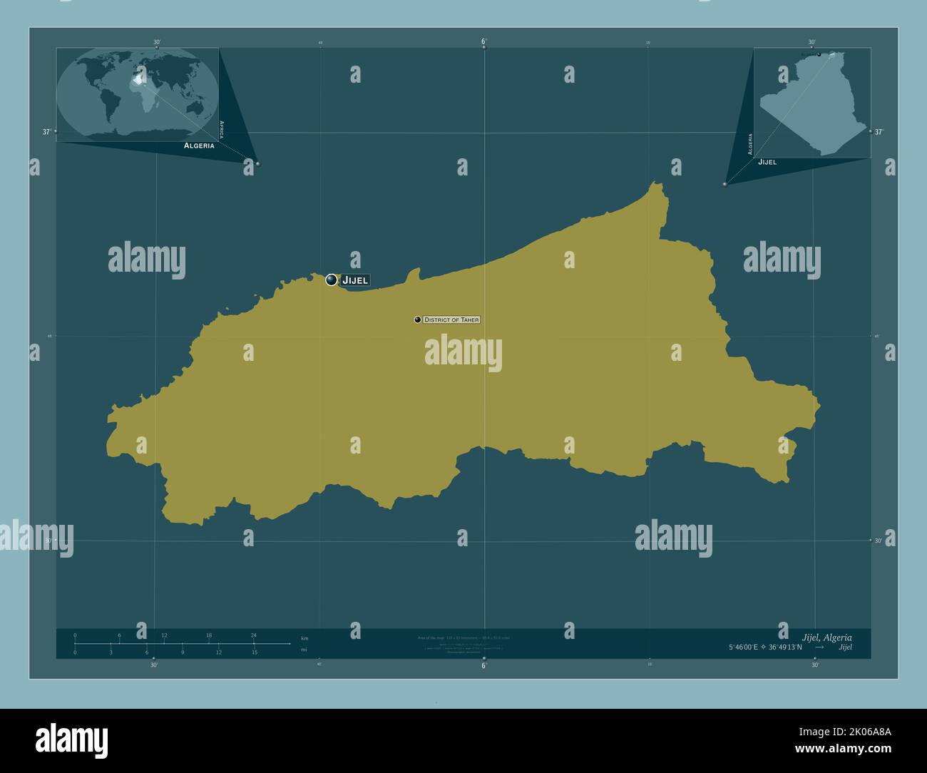 Jijel, province of Algeria. Solid color shape. Locations and names of ...
