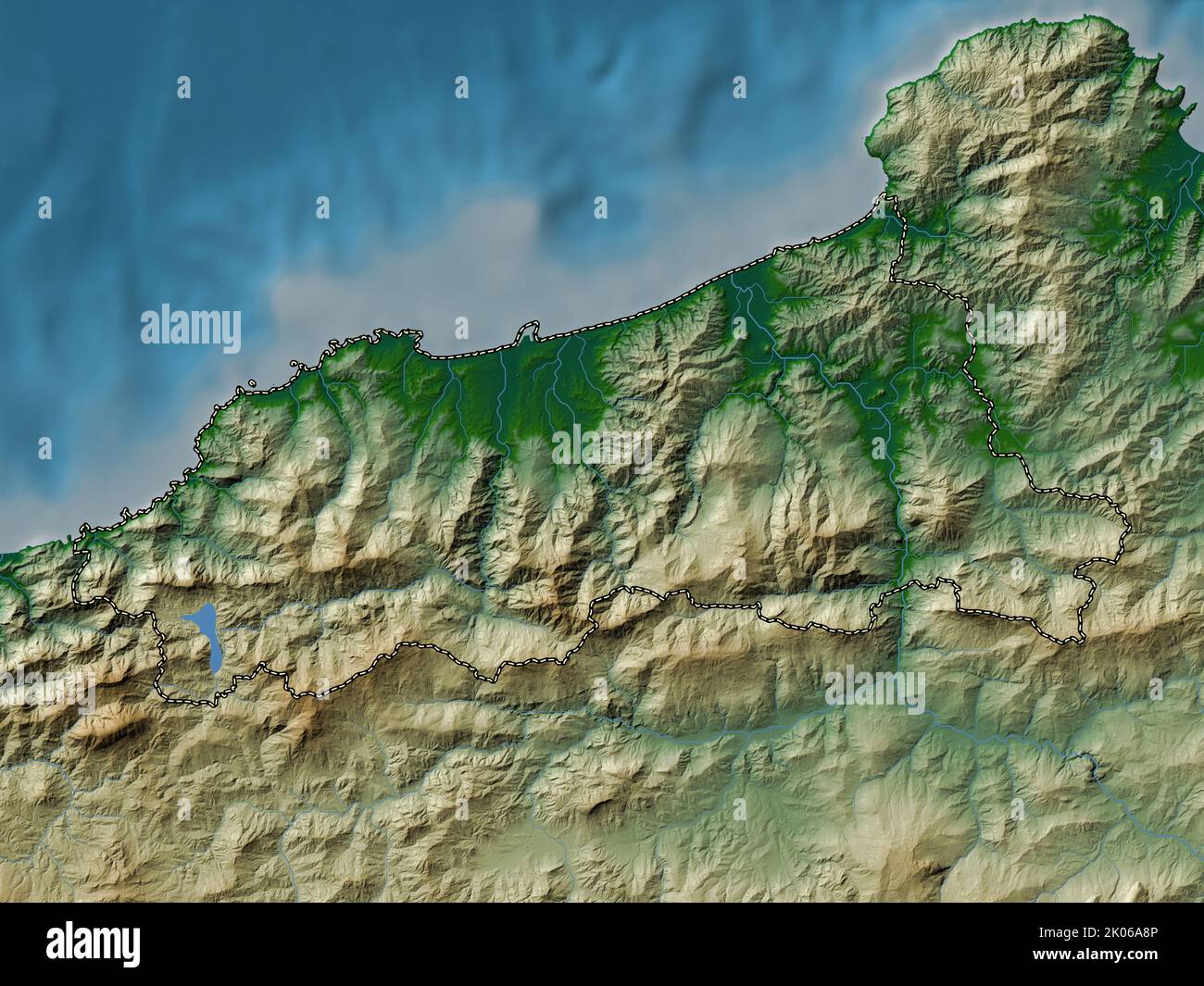 Jijel, province of Algeria. Colored elevation map with lakes and rivers ...