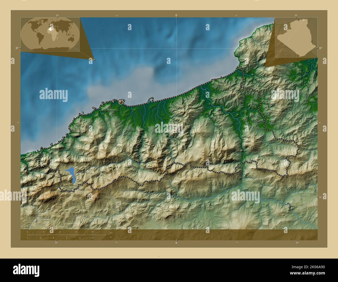 Jijel, province of Algeria. Colored elevation map with lakes and rivers ...